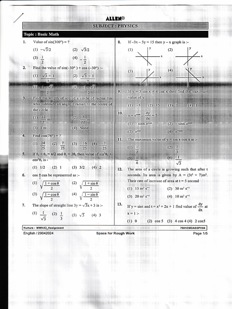 Class 11 Basic Maths Practice 1 | PDF