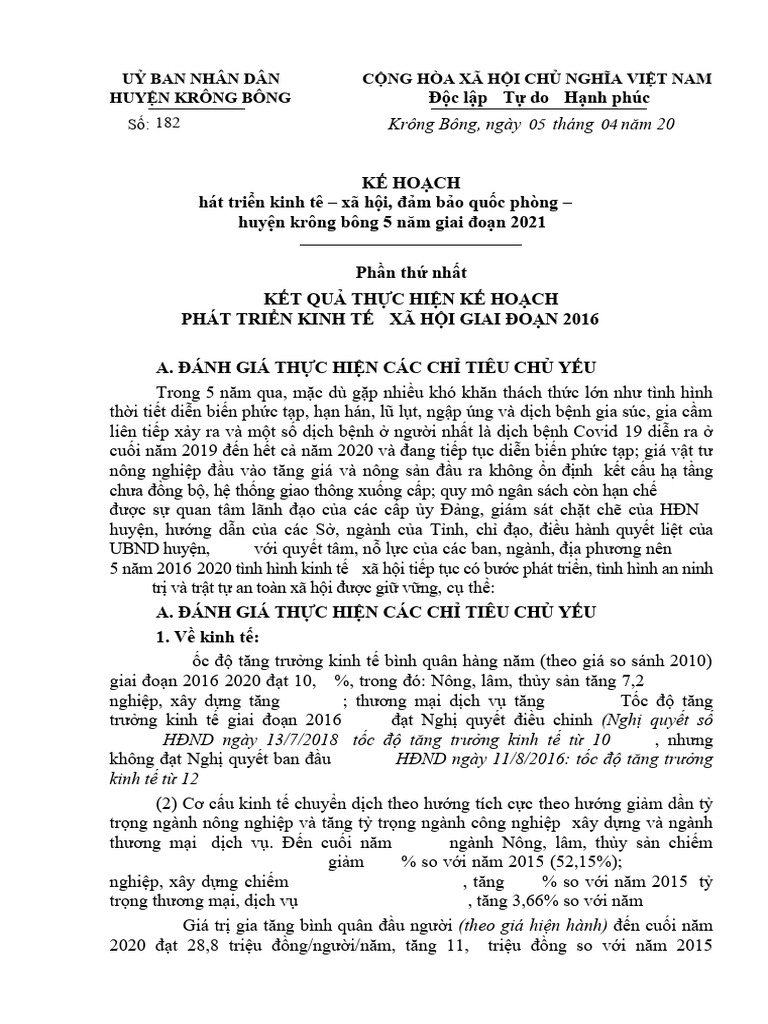 182 - UBH - KH Phat Trien KTXH 5 NAM 2021-2025 | PDF