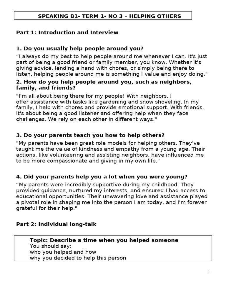Helping Others: B1 Speaking Guide | PDF | Empathy | Compassion