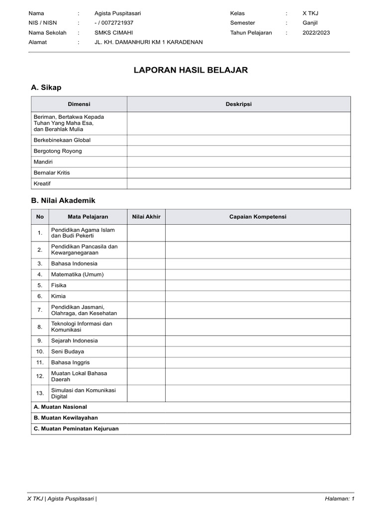 Raport Kelas X | PDF