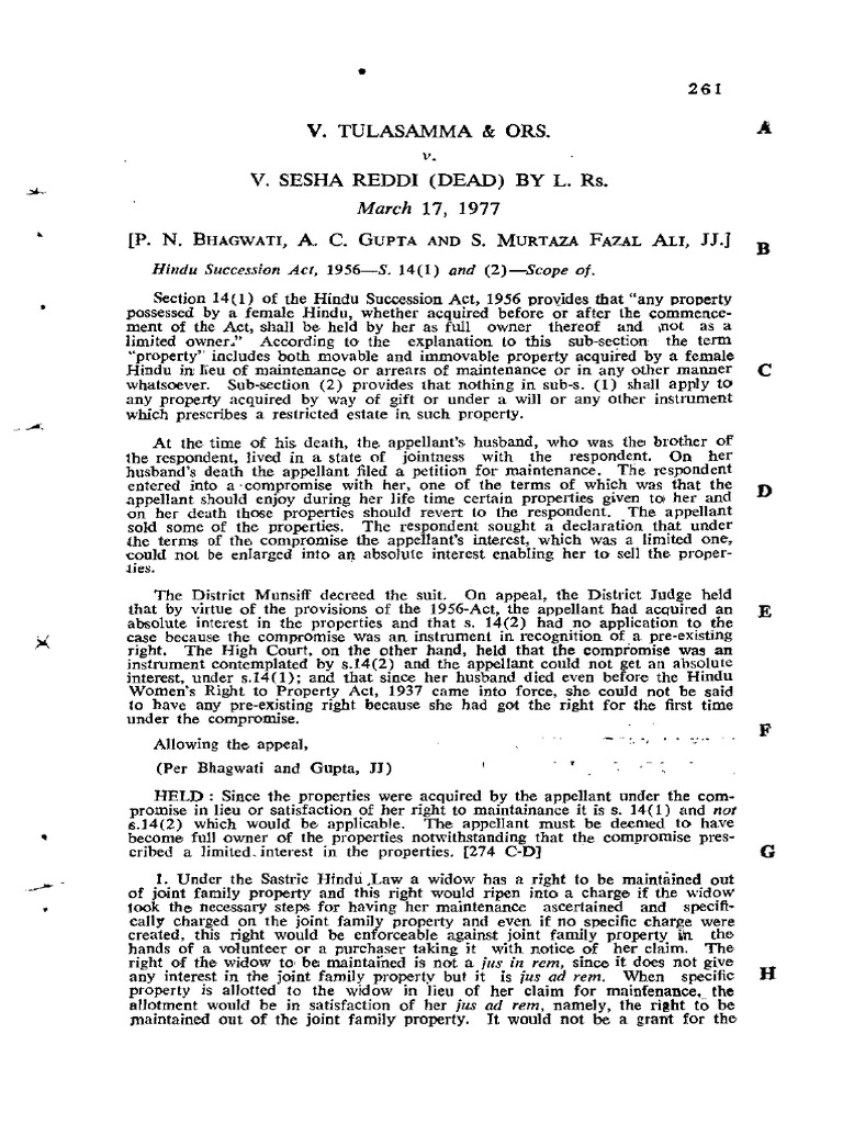Tulsamma v. Sesha Reddy | PDF | Property | Environmental Law