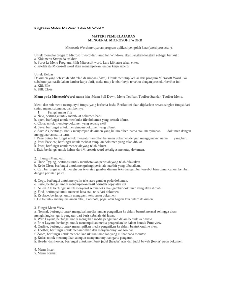 Ringkasan Materi Ms Word 1 dan Ms Word 2 | PDF