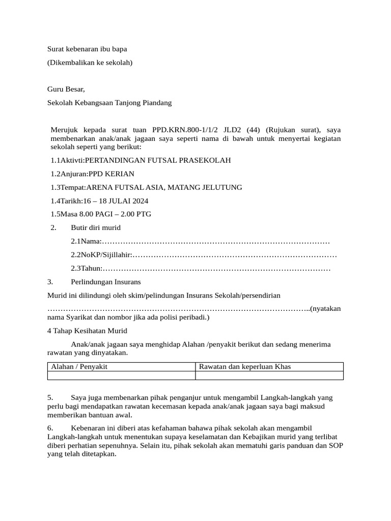 Surat Kebenaran Ibu Bapa Setapi 24 | PDF