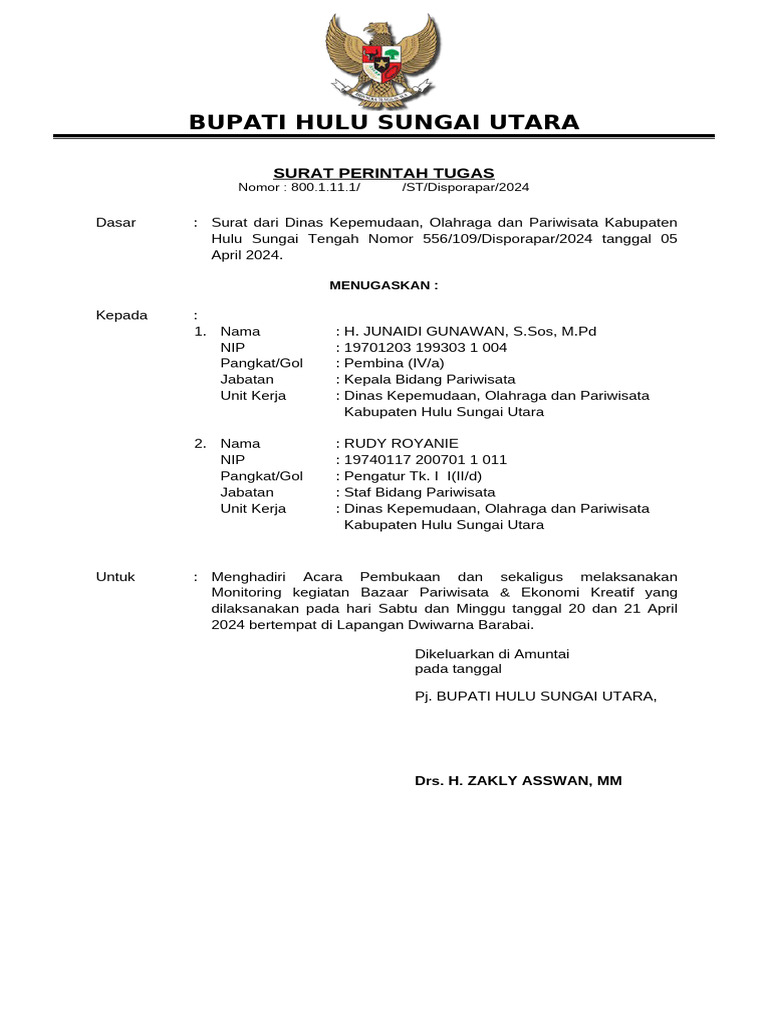 SURAT TUGAS KOP BUPATI (1) | PDF