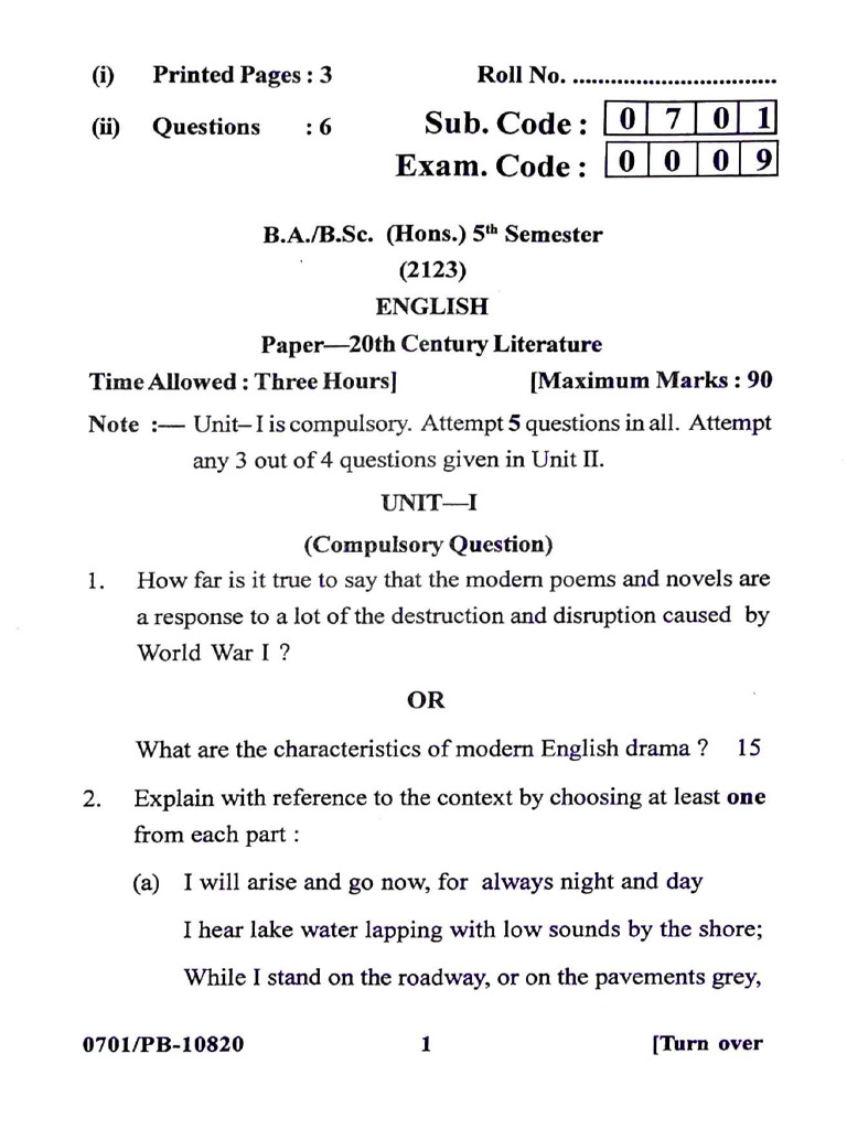 BA BSC Hons 5th Sem English Paper 20th Century Literature January 2024 | PDF