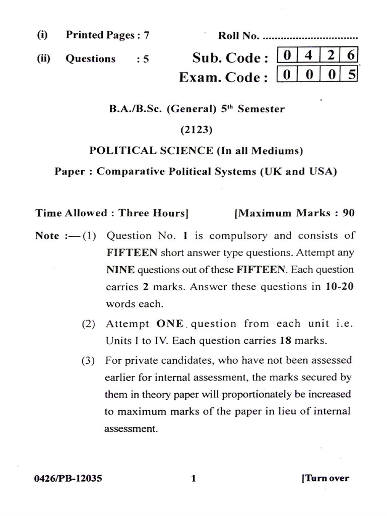 BA BSC - General - 5th Sem - Political Science - Paper - Comparative ...