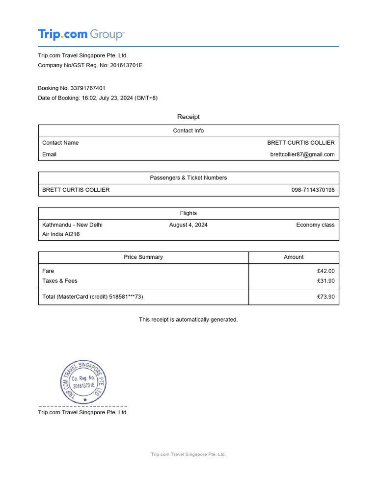 Flight Booking Receipt for Brett Collier | PDF