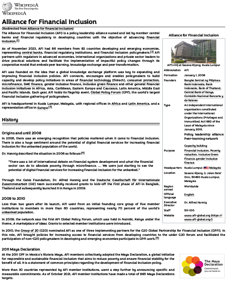 Alliance For Financial Inclusion - Wikipedia | PDF | Financial Services ...