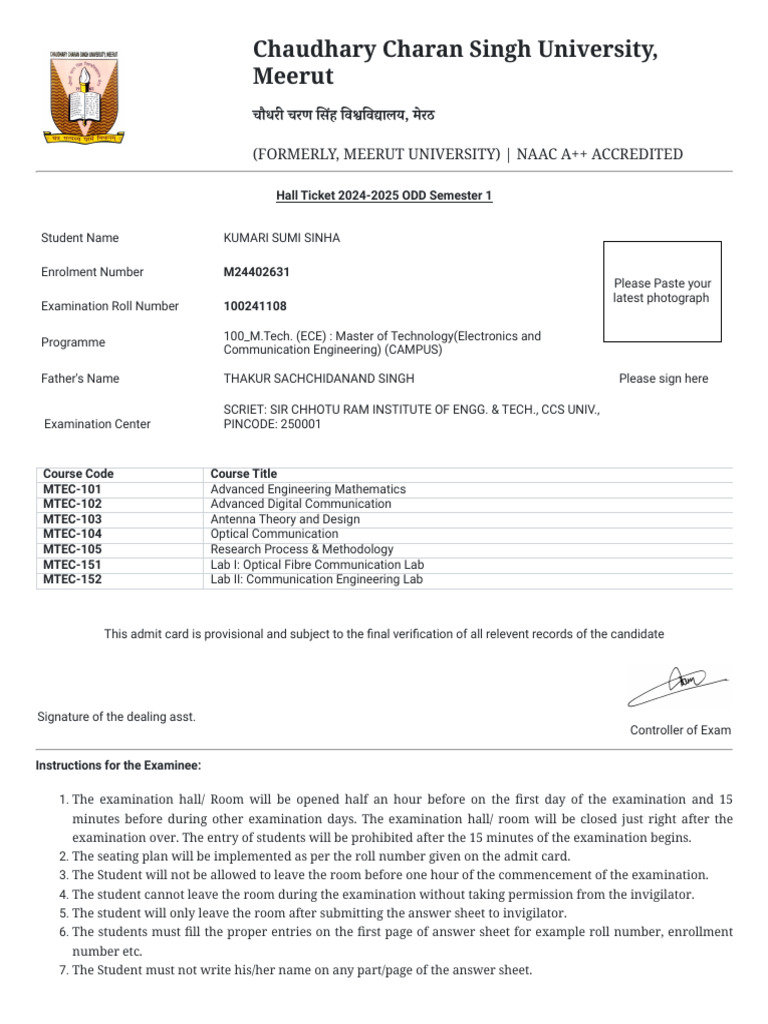 Ccsuniversity.samarth.edu.in Index.php Examstudent Hall-Admit-card View Id ...