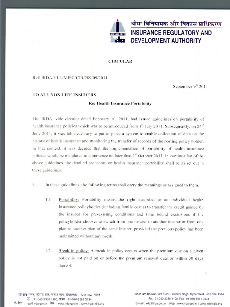 IRDA Health Insurance Portability Guidelines | PDF | Insurance | Risk