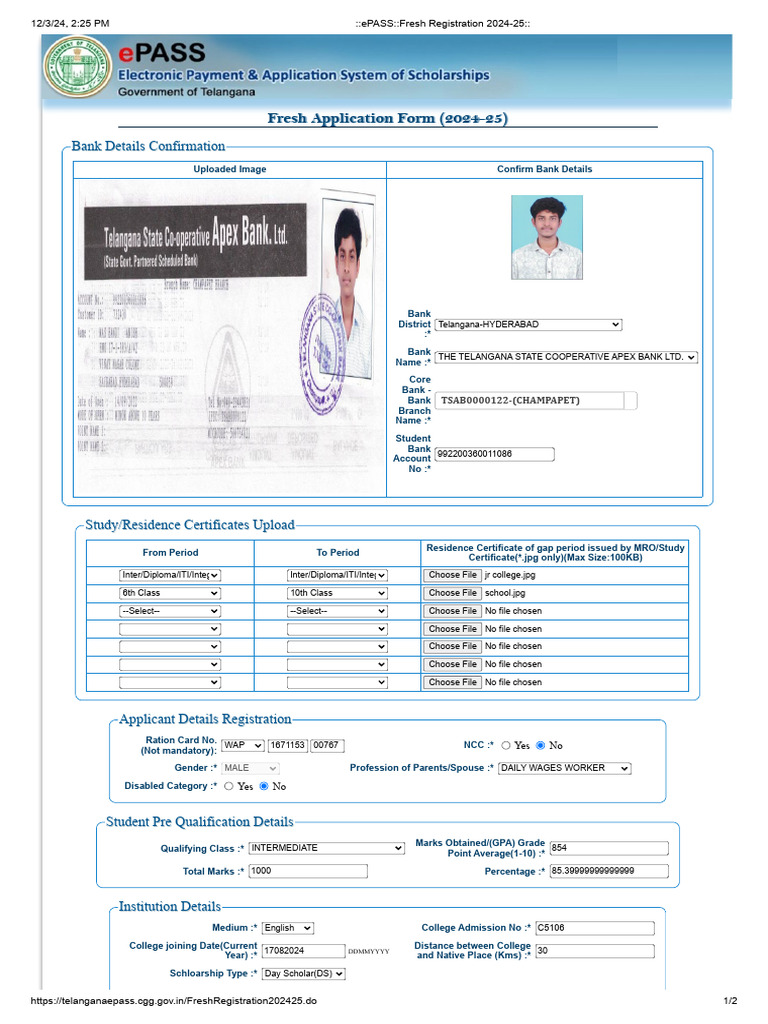 Telangana ePASS Fresh Application 2024-25 | PDF