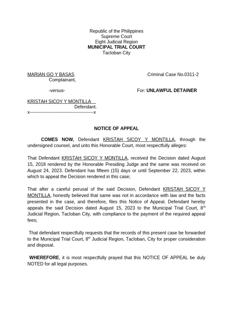 Notice of Appeal in Unlawful Detainer Case | PDF