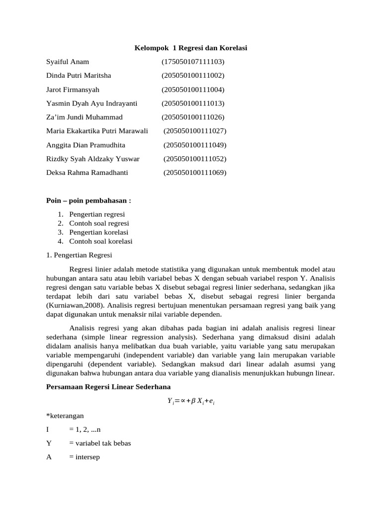 LAPORAN Kelompok 1 Regresi Dan Korelasi | PDF