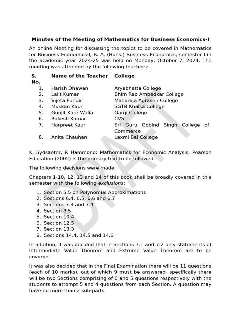 Draft Minutes of The Meeting of Mathematics For Business Economics | PDF