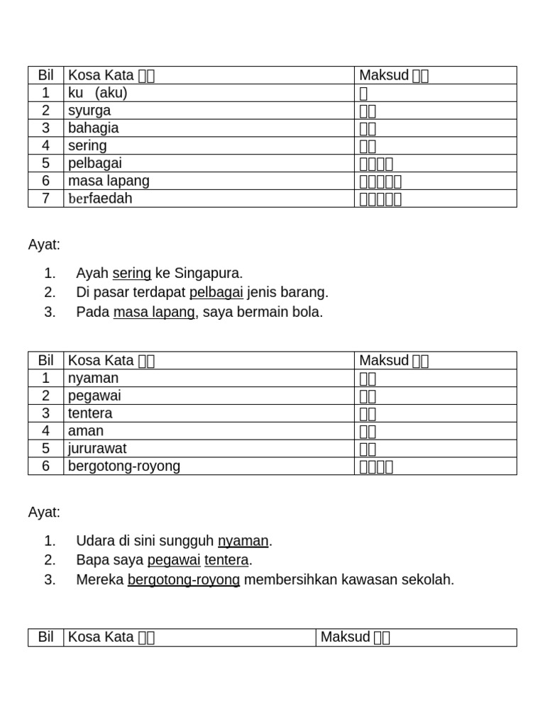 BM Kosa Kata Tahun 2 | PDF