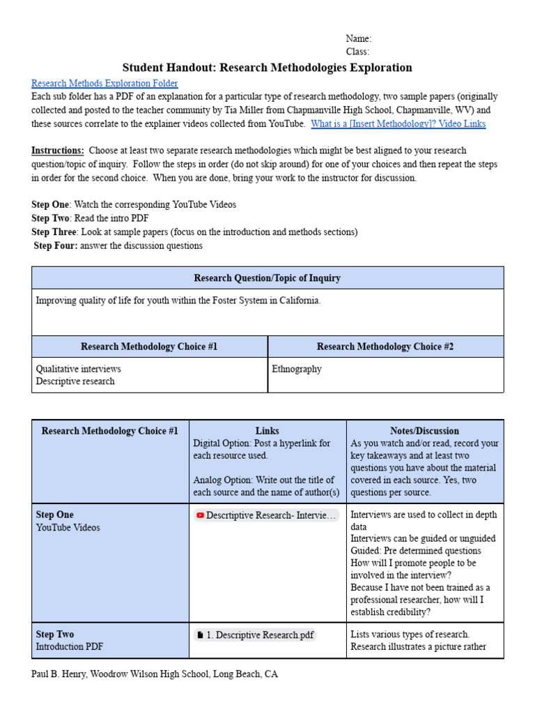 Student Handout - Research Methodologies Exploration | PDF ...