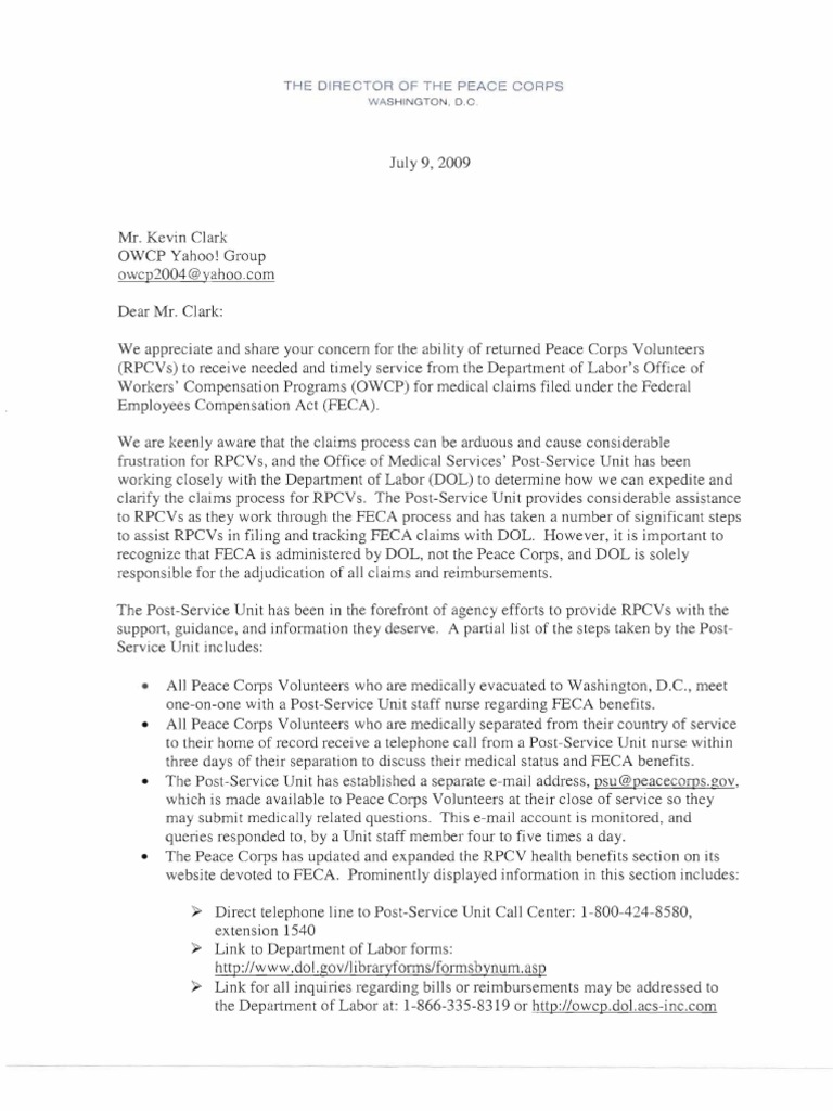 Jody Olsen Letter To OWCP Yahoo! Group | PDF | Peace Corps | Volunteering