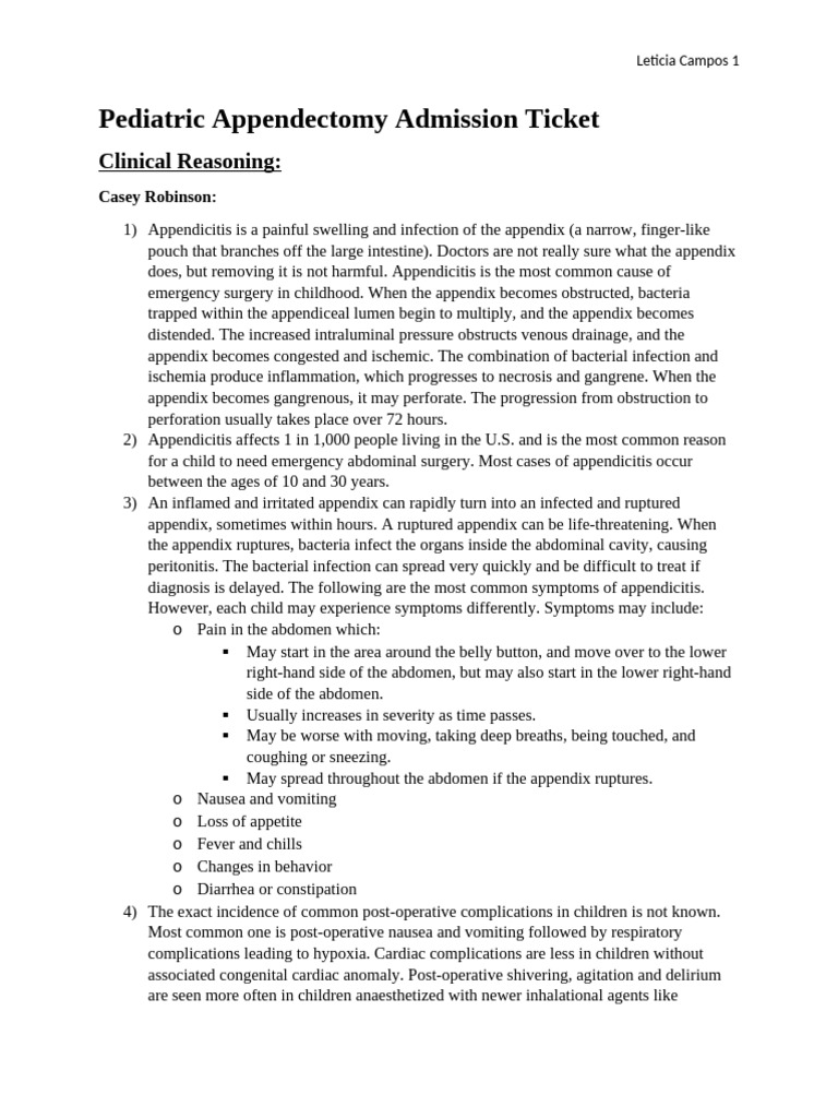 Pediatric Appendectomy Admission Ticket | PDF | Clinical Medicine ...