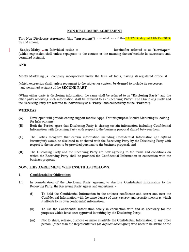 Non Disclosure Agreement | PDF | Legal Remedy | Confidentiality