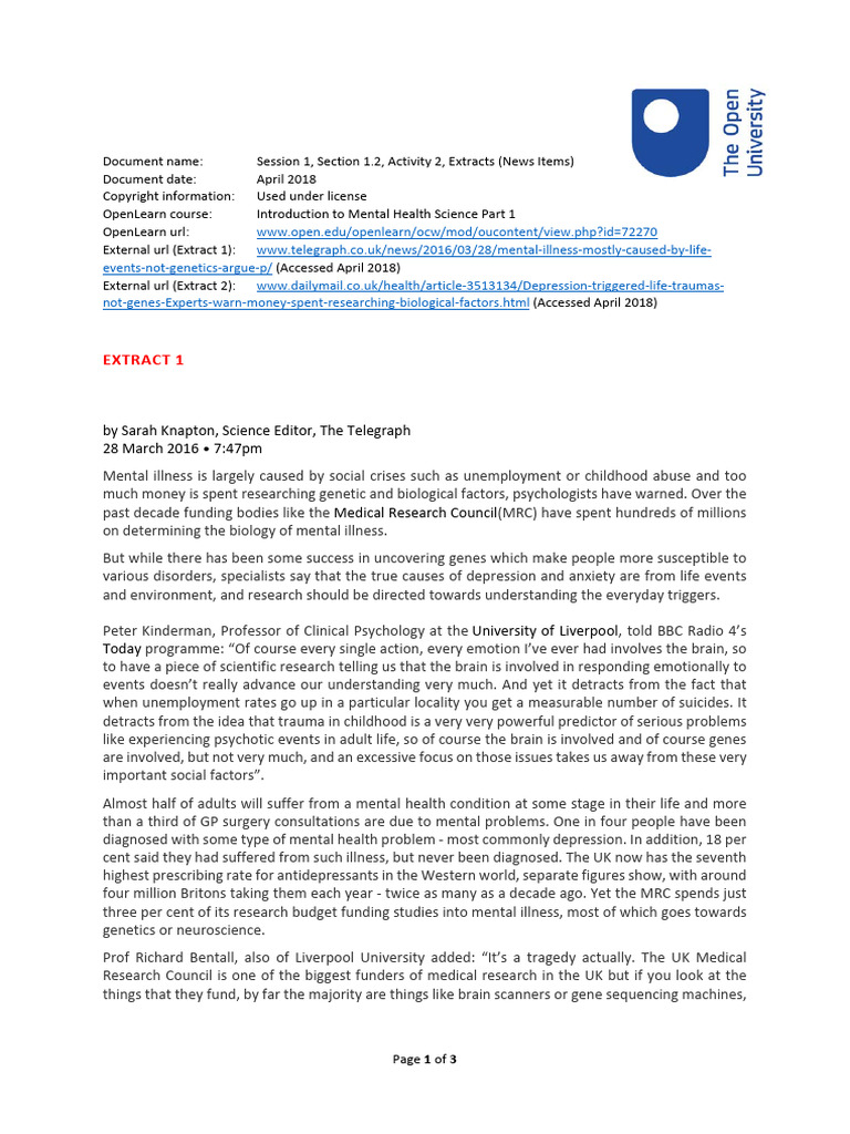 OpenLearn Unit - Introduction To Mental Health Science Part 1 - Session 1 Activity 2 Extracts ...