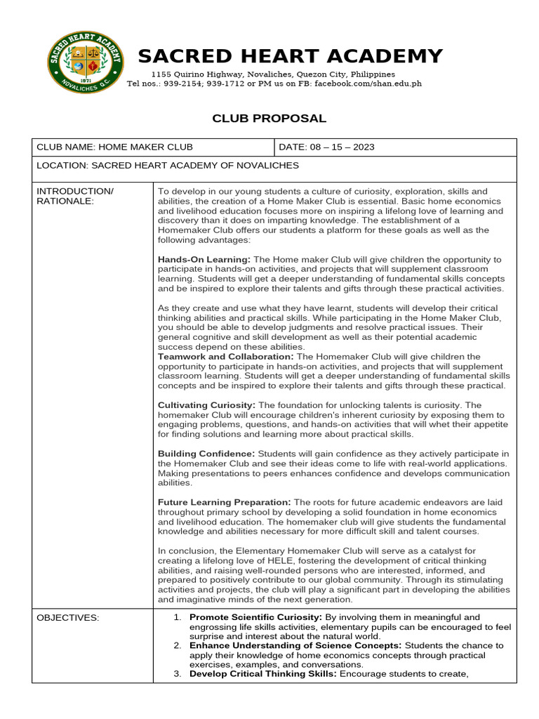 Home Maker Club Proposal | PDF | Learning | Critical Thinking
