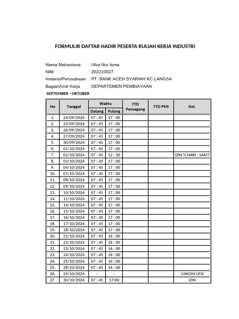 Formulir Daftar Hadir Kki | PDF