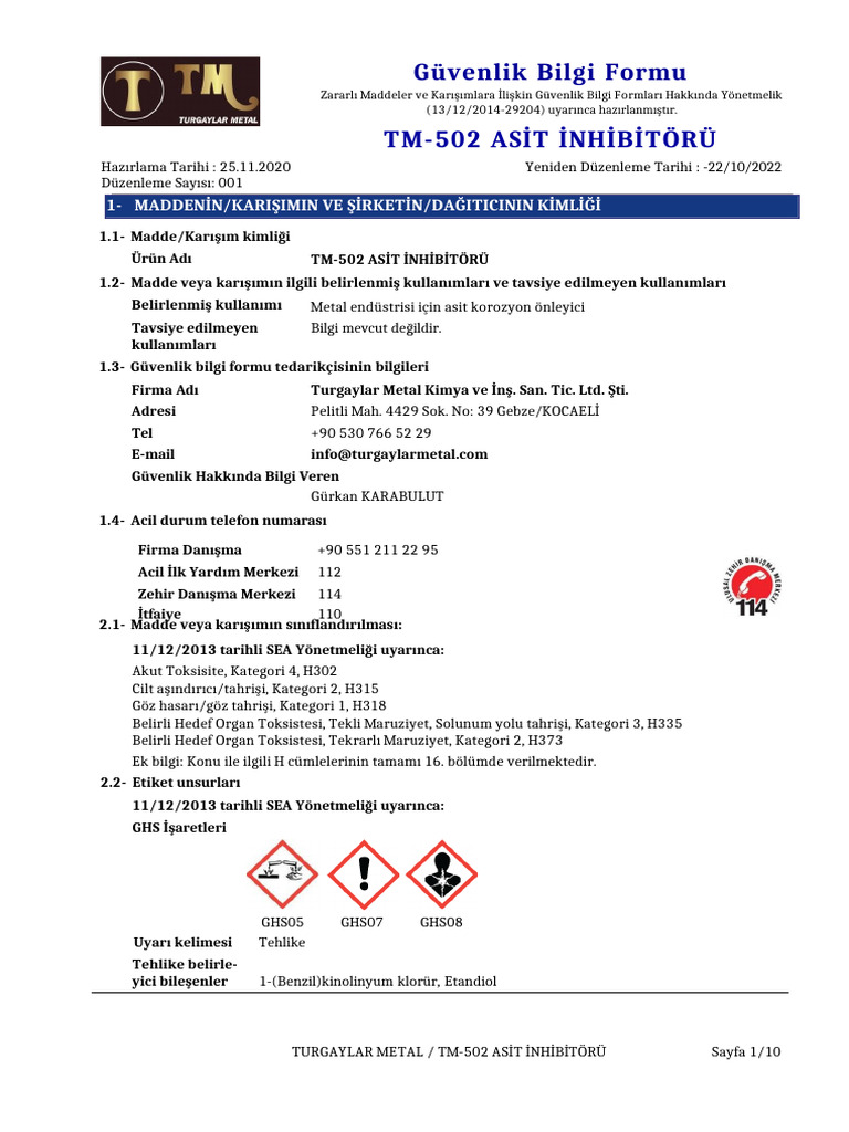 TM-502 Asit İnhibitörü MSDS TR | PDF