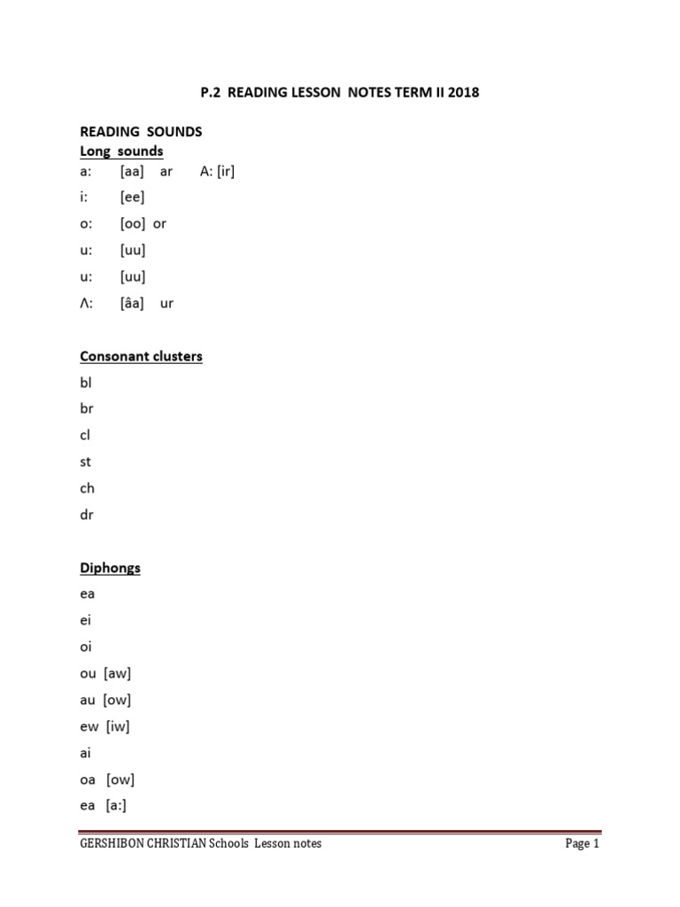 P.2 Reading Lesson Notes Term II | PDF