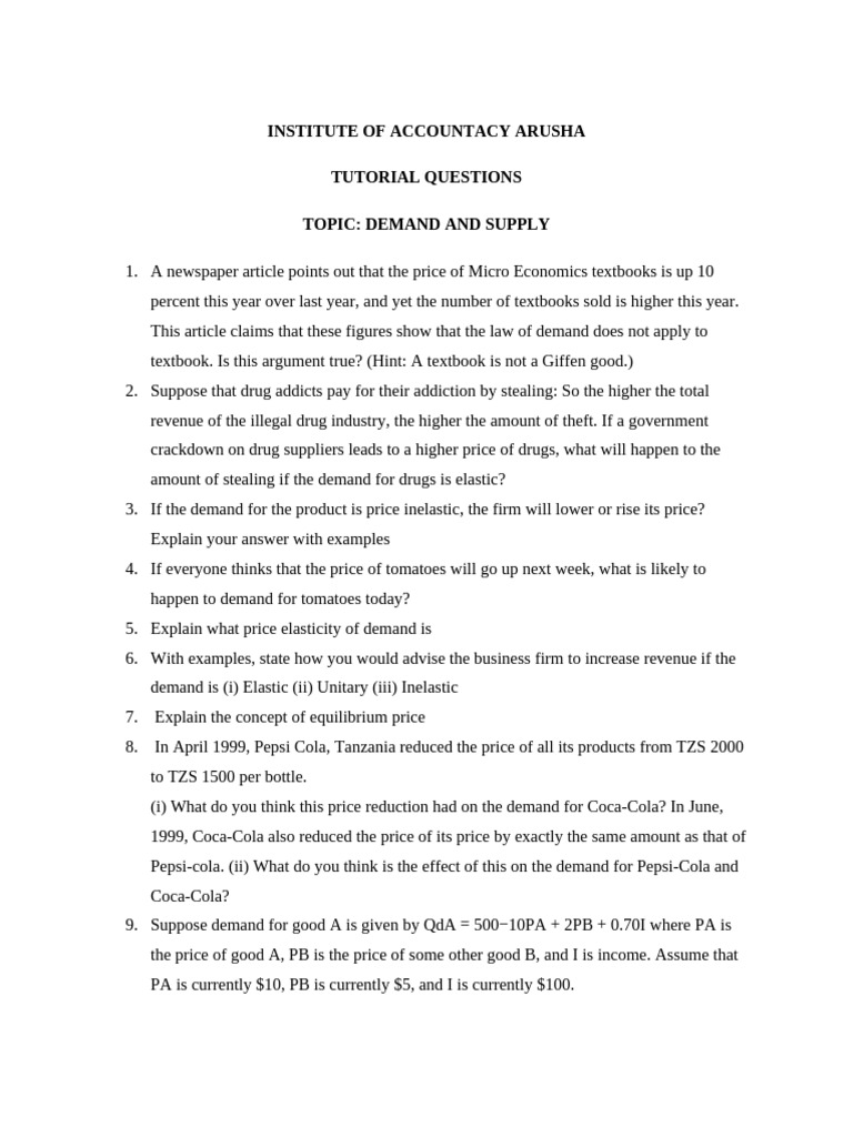 Tutorial questions- demand and supply | PDF | Elasticity (Economics ...