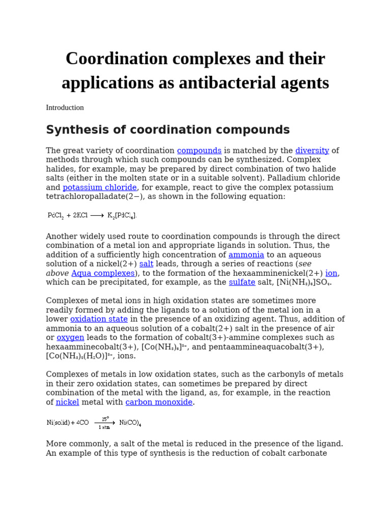 Coordination Complexes and Their Applications as Antibacterial Agents ...