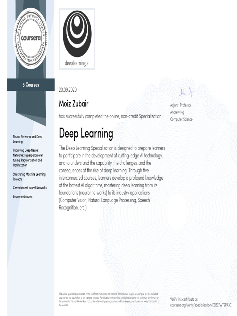 Coursera Deep Learning Specialization Certificate | PDF