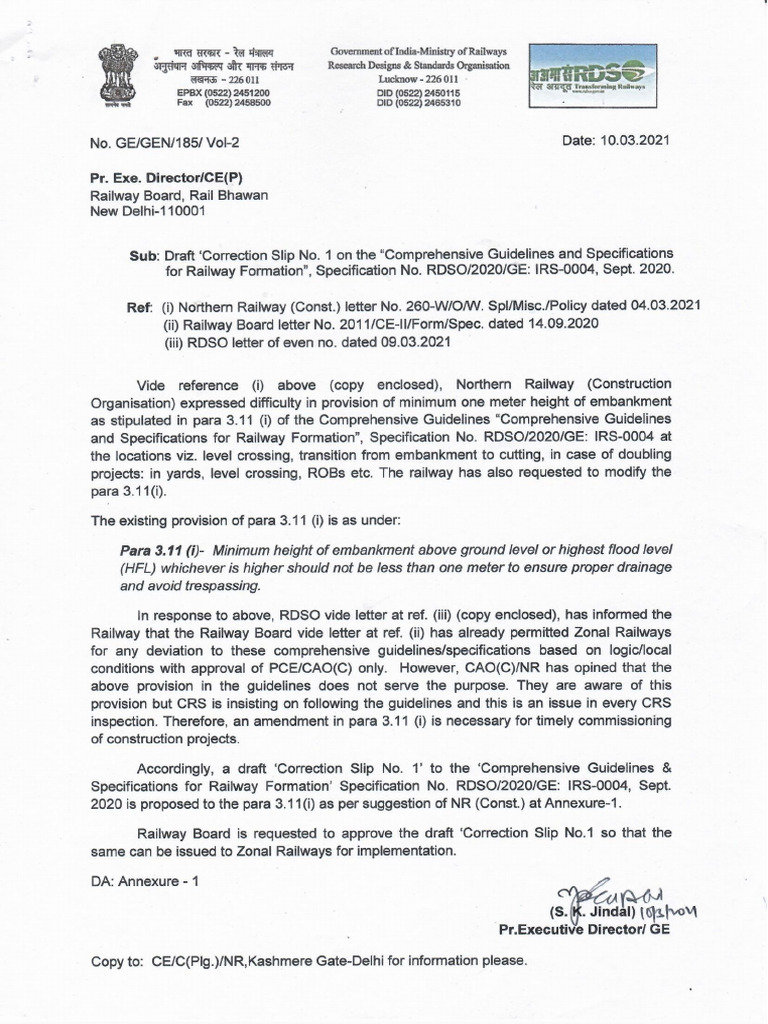 GE RDSO Letter To Rly BD On Correction Slip 1 To Comprehensive ...