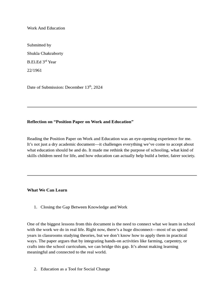 Work Education Reflection by Shukla Chakraborty | PDF | Learning ...