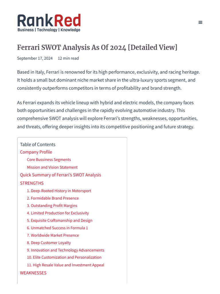 Ferrari SWOT Analysis As Of 2024 [Detailed View] - RankRed | PDF ...
