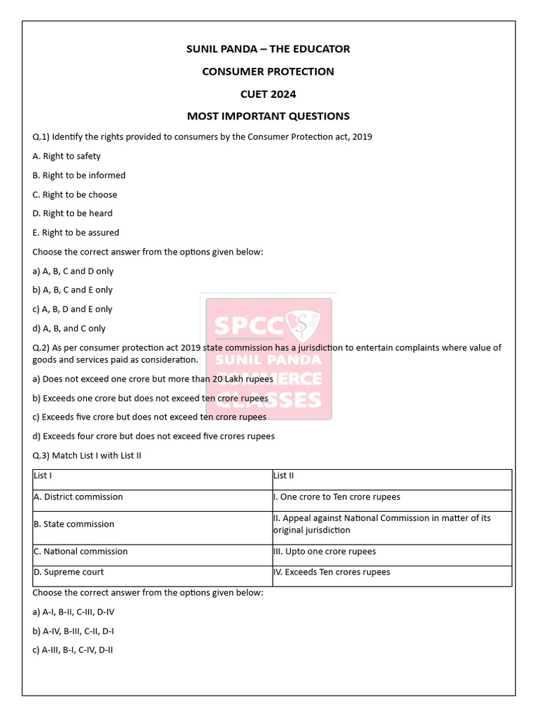 Consumer Protection BST MCQ CUET Questions_42301306 | PDF | Justice ...