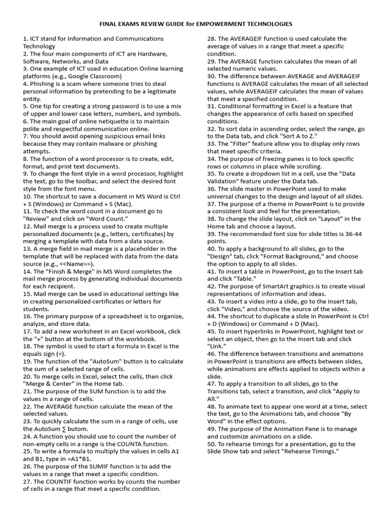 EmpTech Finalls Reviewer | PDF | Microsoft Excel | Microsoft Word