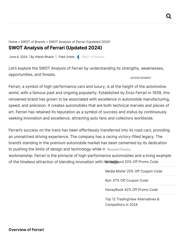SWOT Analysis of Ferrari (Updated 2024) _ Marketing91 | PDF | Ferrari ... SWOT Analysis of Ferrari (Updated 2024) _ Marketing91 | PDF | Ferrari ...