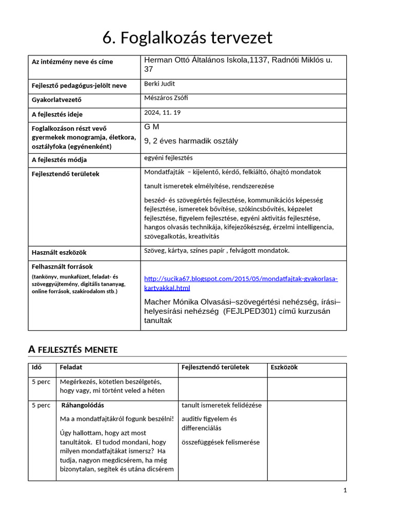 Foglalkozási Tervezet Alsó Tagozat Fejlesztés | PDF