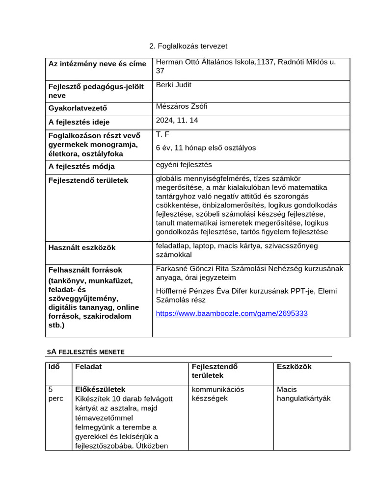 2. foglalkozási tervezet alsó tagozat fejlesztés | PDF