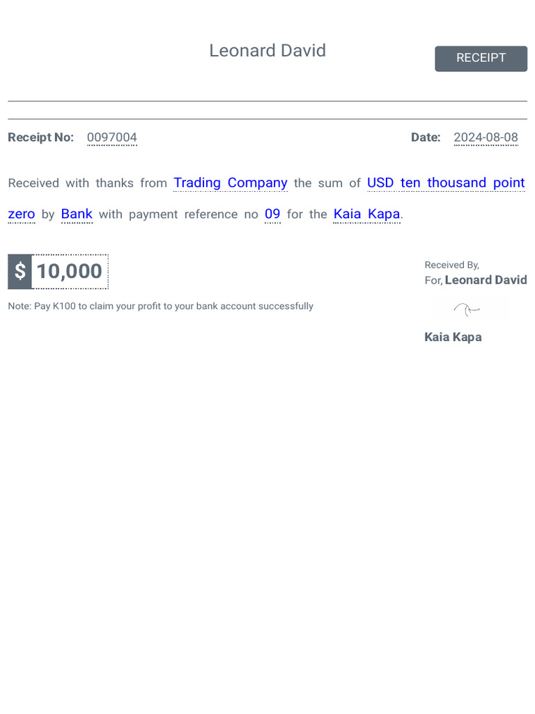 Receipt for $10,000 Payment Confirmation | PDF