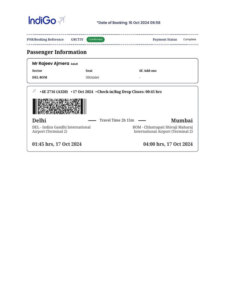Delhi to Mumbai Flight Booking Details | PDF