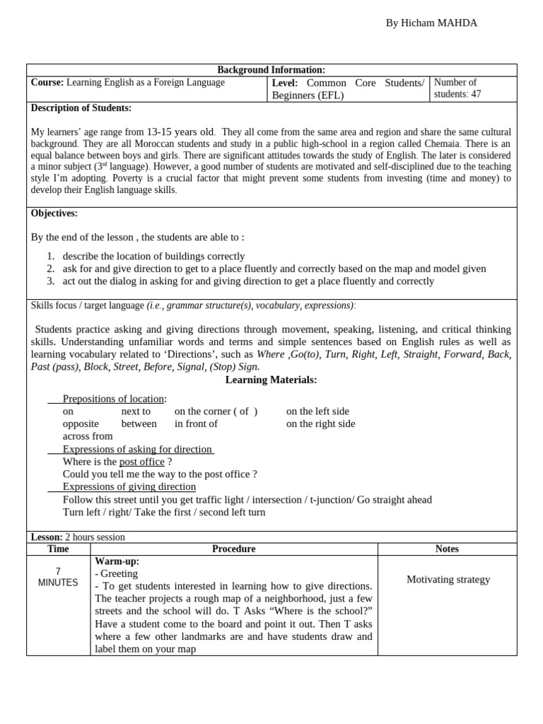 Hicham - S Lesson Giving Directions | PDF | English Language | English As A Second Or Foreign ...