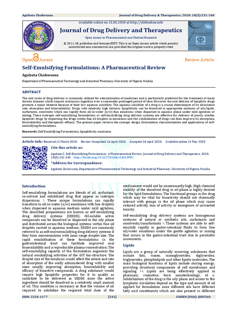 Self-Emulsifying Formulations Review | PDF | Emulsion | Lipoprotein