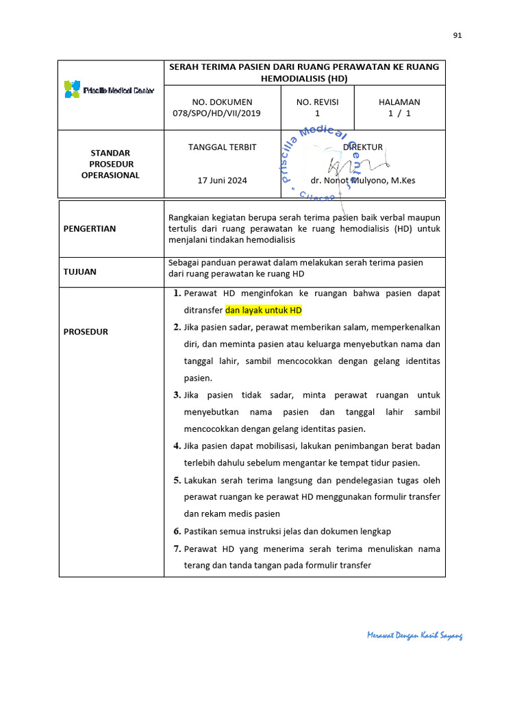 Prosedur Serah Terima Pasien HD | PDF