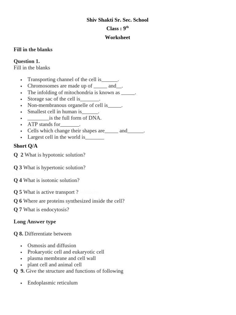 Worksheet of Ch-5 Class 9th | PDF | Cell (Biology) | Organelle