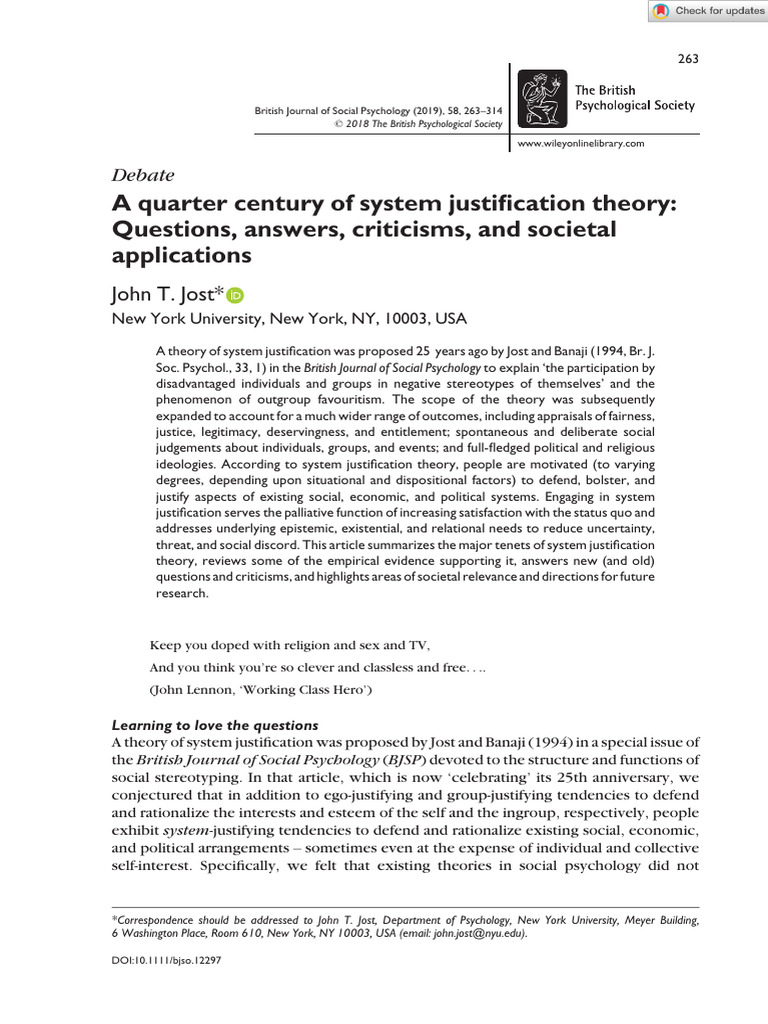 A quarter century of system justification theory_2019_British Journal of Social Psychology | PDF ...