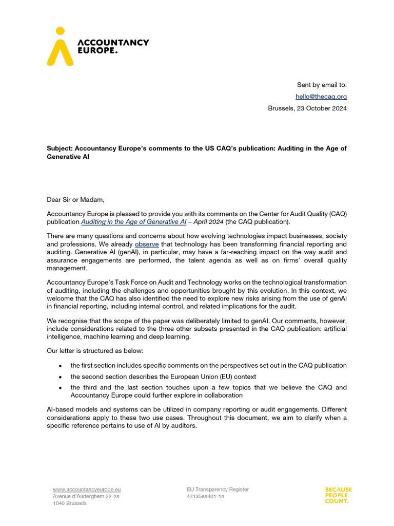 Accountancy Europe Feedback To US CAQ Publication | PDF | Audit ...