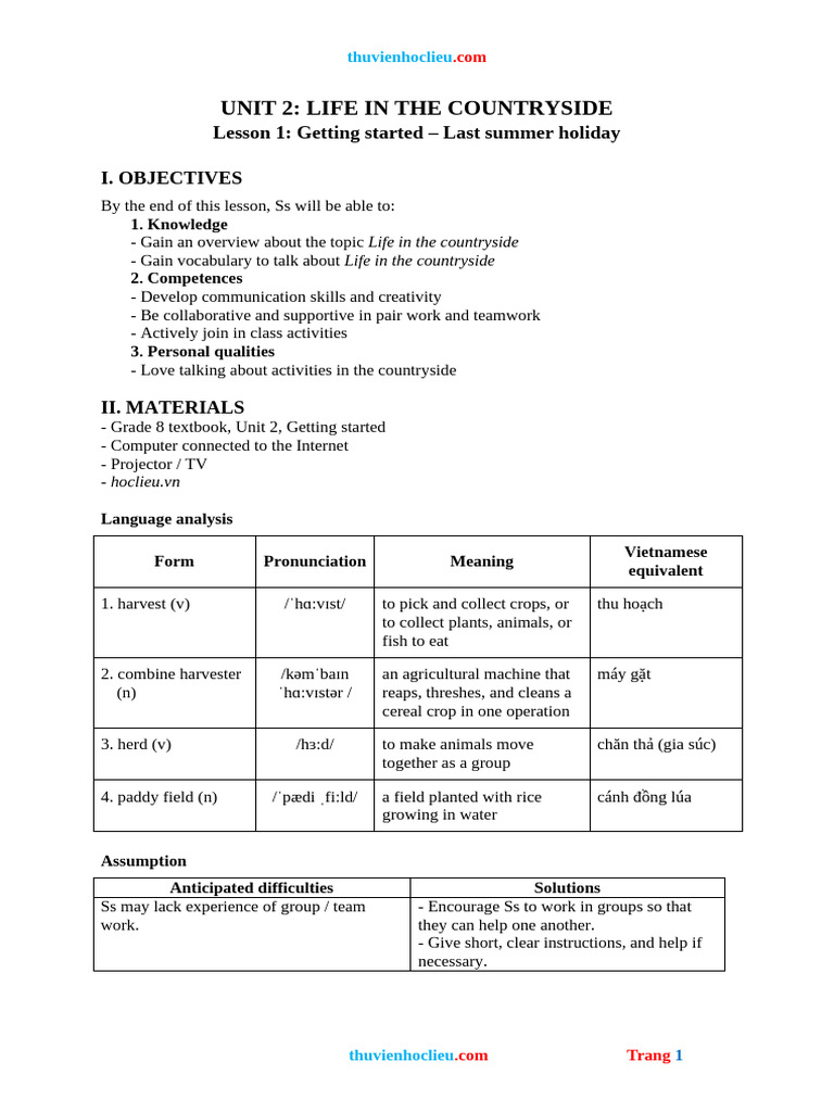 8th Grade - Unit 2 - Life in The Countryside | PDF | Adverb | Vocabulary