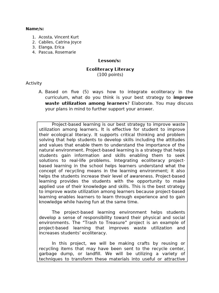 08 - Ecoliteracy Activity | PDF | Waste | Project Based Learning