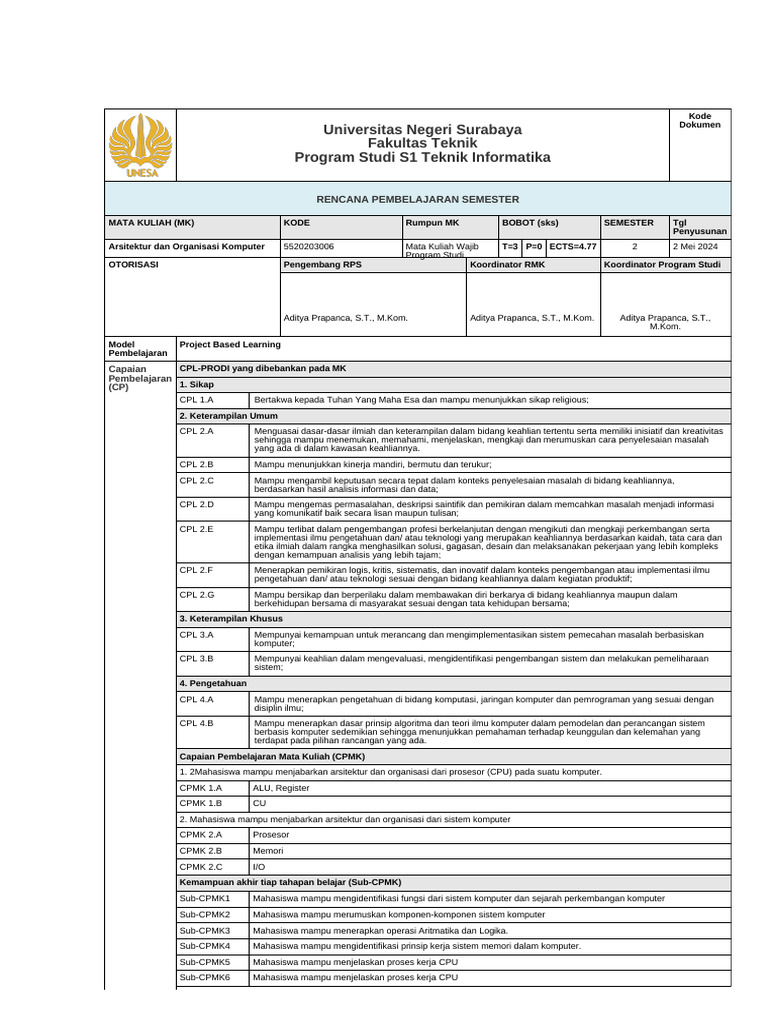 RPS Arsitektur dan Organisasi Komputer | PDF